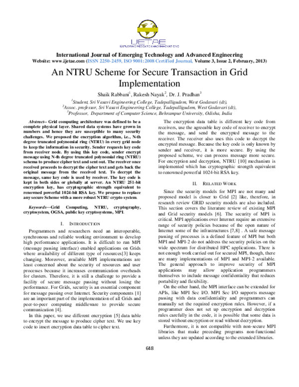 Pdf An Ntru Scheme For Secure Transaction In Grid Implementation