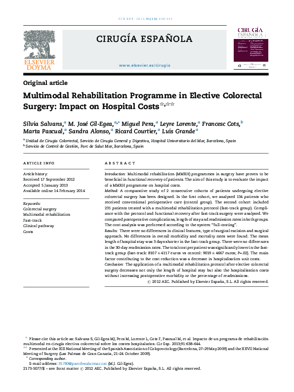 (PDF) Multimodal Rehabilitation Programme in Elective Colorectal Surgery: Impact on Hospital Costs