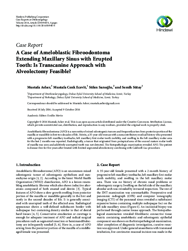 (PDF) A Case of Ameloblastic Fibroodontoma Extending Maxillary Sinus ...