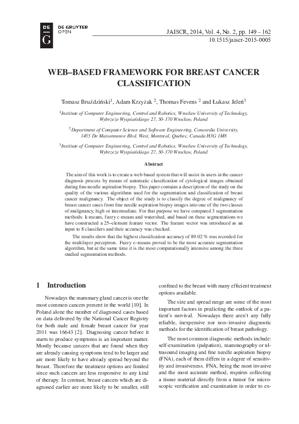(PDF) Web–Based Framework For Breast Cancer Classification