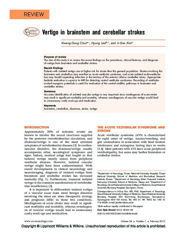 (PDF) Vertigo in brainstem and cerebellar strokes