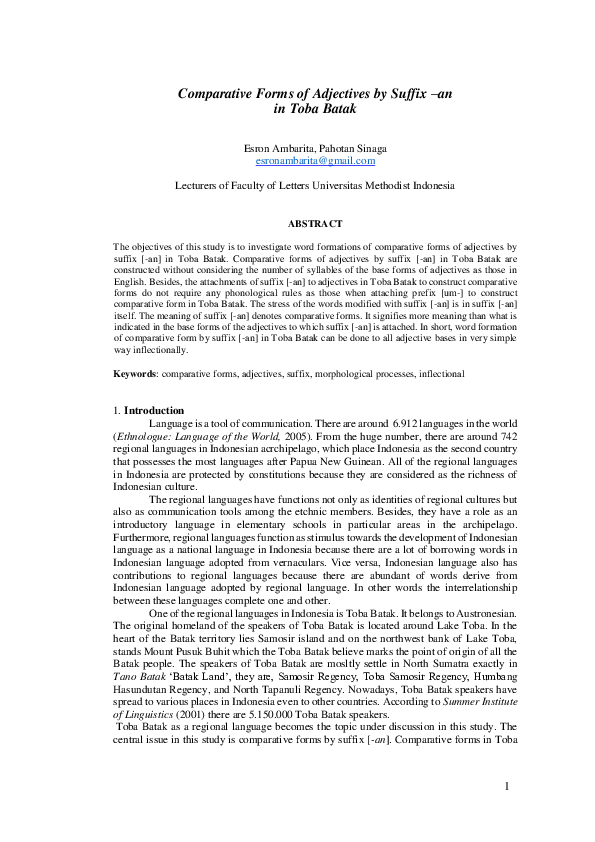 (PDF) Comparative Forms of Adjectives by Suffix –an in Toba Batak