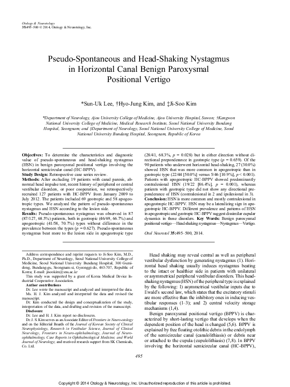 (PDF) Pseudo-Spontaneous and Head-Shaking Nystagmus in Horizontal Canal ...