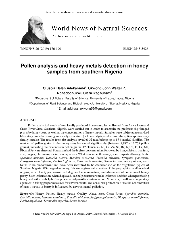 (PDF) Pollen analysis and heavy metals detection in honey samples from ...