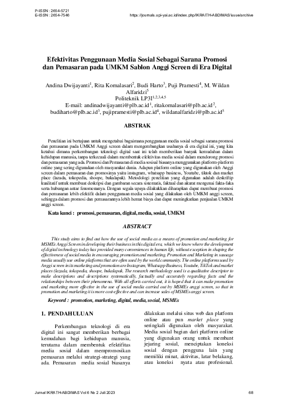 (PDF) Efektivitas Penggunaan Media Sosial Sebagai Sarana Promosi dan Pemasaran pada UMKM Sablon ...