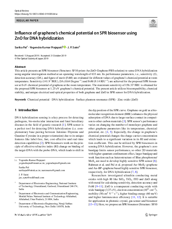 (PDF) Influence of graphene’s chemical potential on SPR biosensor using ZnO for DNA hybridization