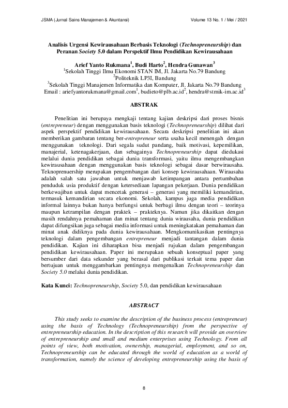 (PDF) Analisis Analisis Urgensi Kewirausahaan Berbasis Teknologi (Technopreneurship) dan Peranan ...