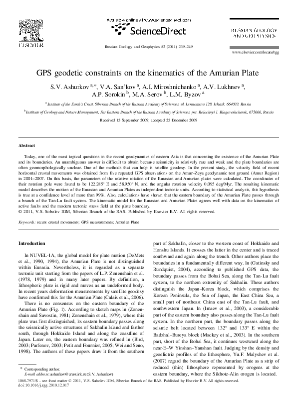 (PDF) GPS geodetic constraints on the kinematics of the Amurian Plate