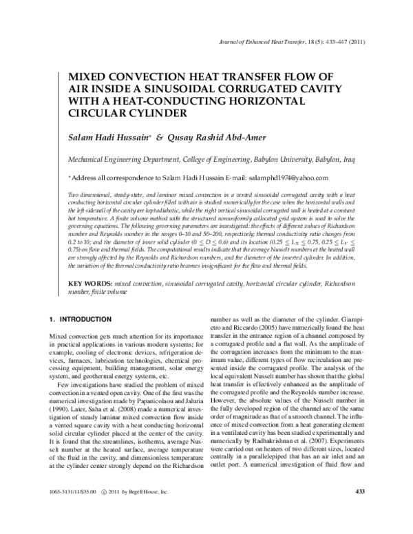 Pdf Mixed Convection Heat Transfer Flow Of Air Inside A Sinusoidal Corrugated Cavity With A