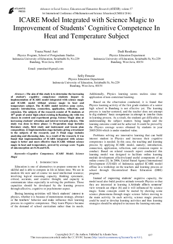 (PDF) ICARE Model Integrated with Science Magic to Improvement of Students' Cognitive Competence ...