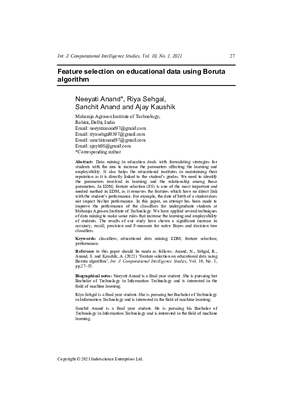 (PDF) Feature selection on educational data using Boruta algorithm