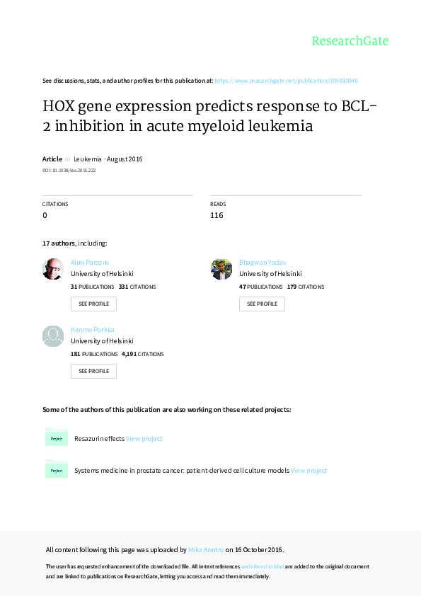 (PDF) HOX gene expression predicts response to BCL-2 inhibition in acute myeloid leukemia