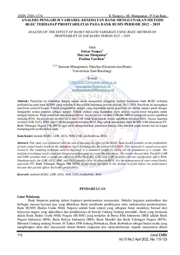 (PDF) Analisis Pengaruh Variabel Kesehatan Bank Menggunakan Metode RGEC Terhadap Profitabilitas ...