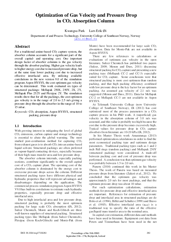 (PDF) Optimization of gas velocity and pressure drop in CO2 absorption column