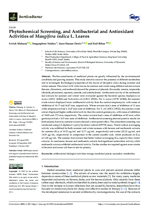 (PDF) Phytochemical Screening, and Antibacterial and Antioxidant Activities of Mangifera indica ...