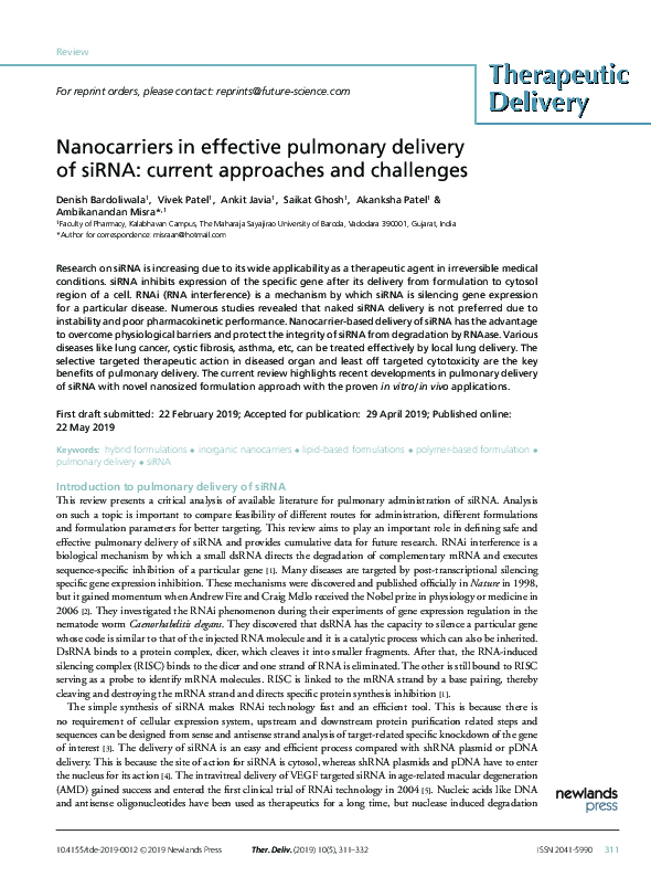 (PDF) Nanocarriers in effective pulmonary delivery of siRNA: current approaches and challenges