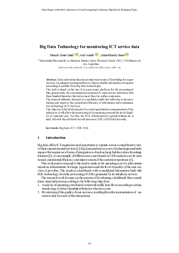 (PDF) Big Data Technology for monitoring ICT service data