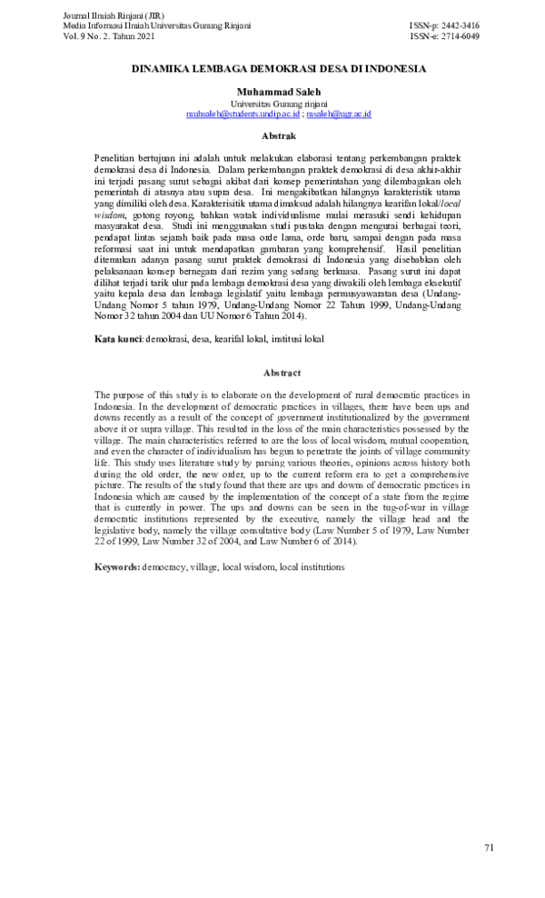 (PDF) DINAMIKA LEMBAGA DEMOKRASI DESA DI INDONESIA (Sebuah Kajian Pustaka)