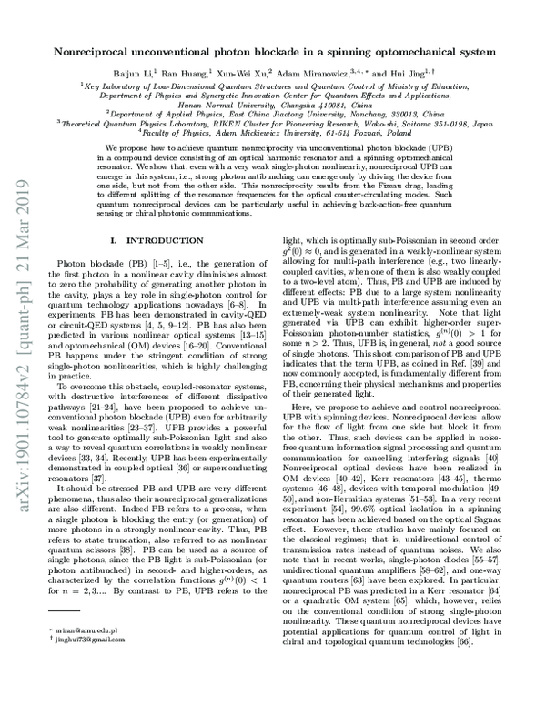 (PDF) Nonreciprocal unconventional photon blockade in a spinning ...