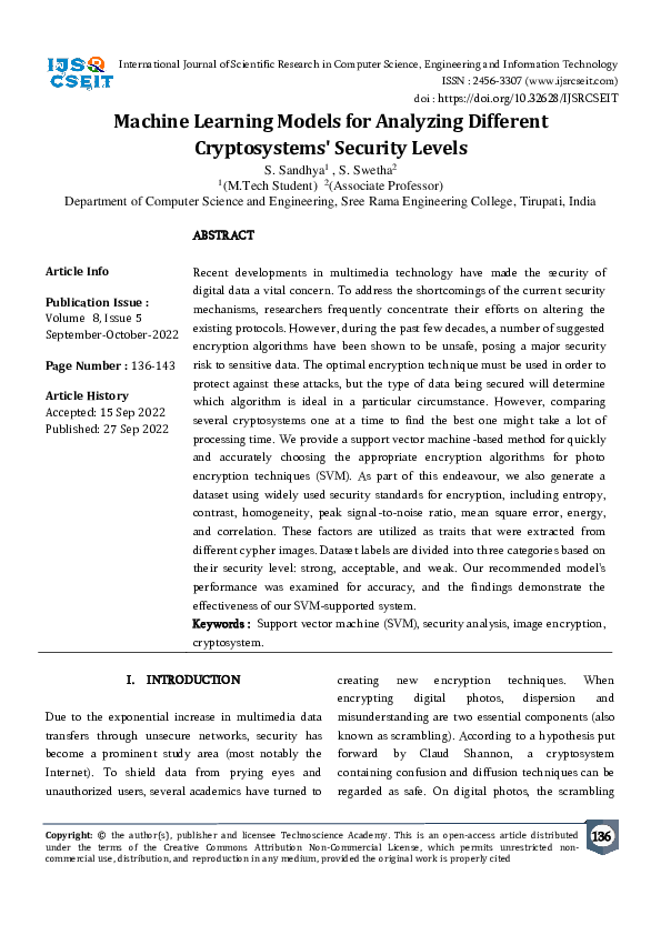 (PDF) Machine Learning Models for Analyzing Different Cryptosystems' Security Levels