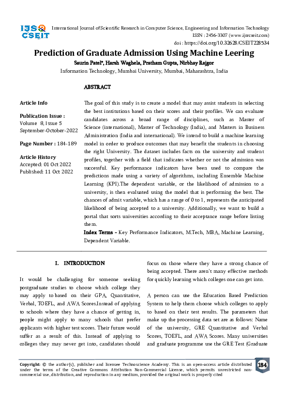 (PDF) Prediction of Graduate Admission Using Machine Leering