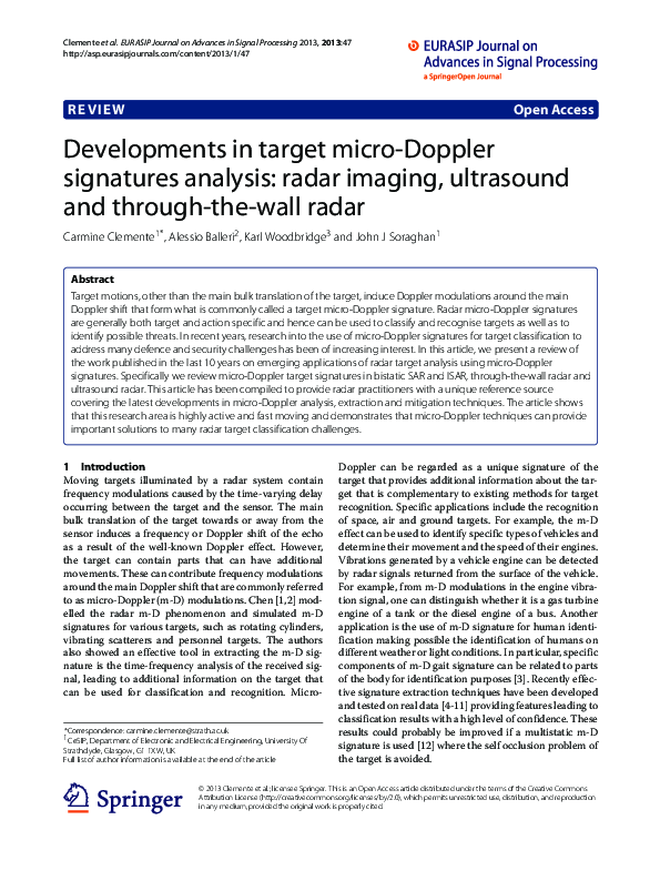 (PDF) Developments in target micro-Doppler signatures analysis: radar imaging, ultrasound and ...