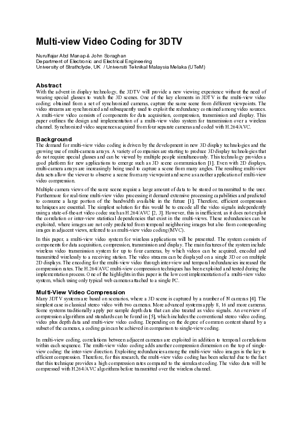 (PDF) Multi-view video coding for 3DTV