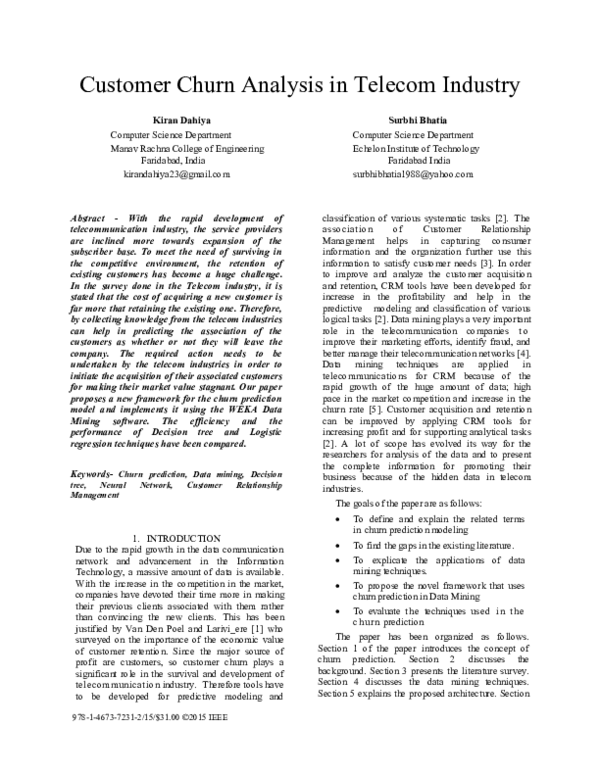 Pdf Customer Churn Analysis In Telecom Industry
