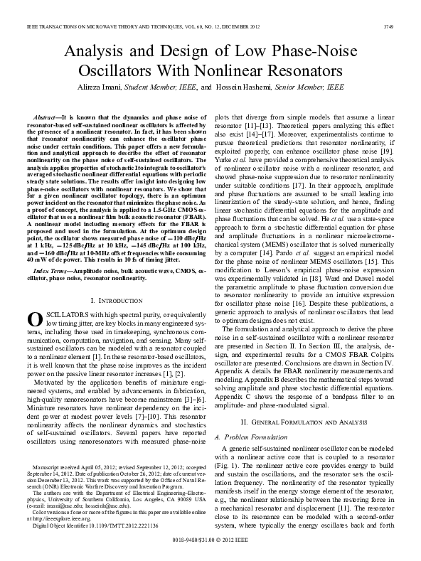 Pdf Analysis And Design Of Low Phase Noise Oscillators With Nonlinear Resonators