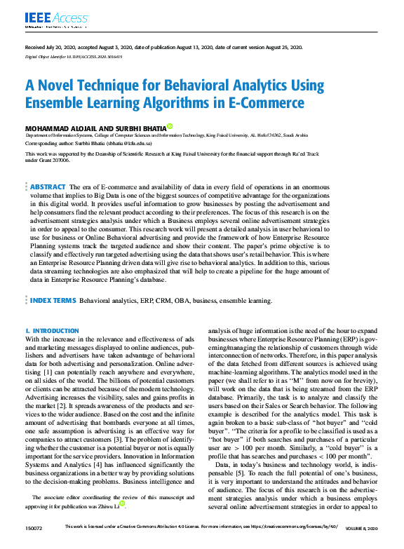 Pdf A Novel Technique For Behavioral Analytics Using Ensemble Learning Algorithms In E Commerce