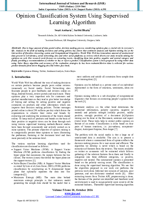 (PDF) Opinion Classification System Using Supervised Learning Algorithm ... (PDF) Opinion Classification System Using Supervised Learning Algorithm ...