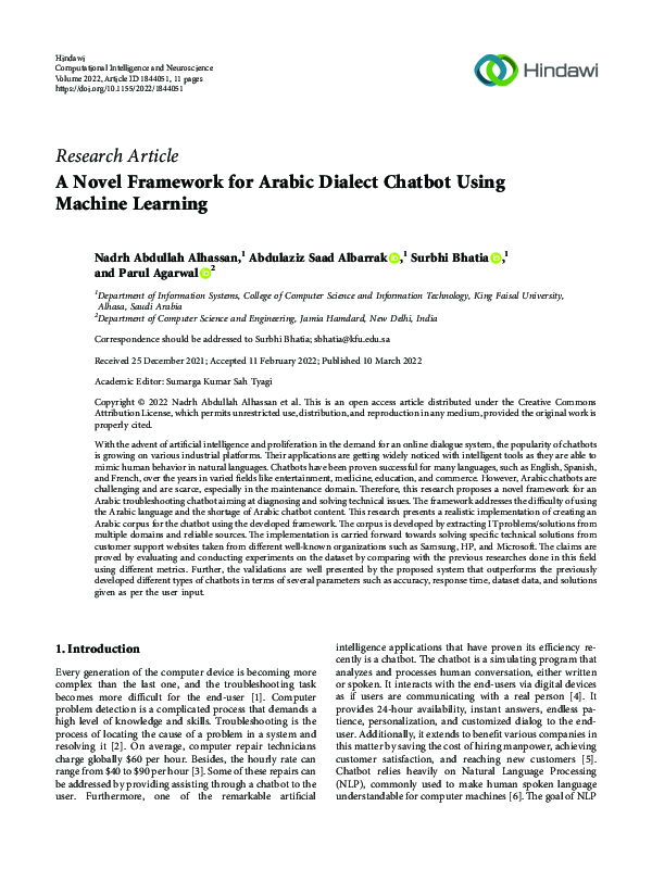 (PDF) A Novel Framework for Arabic Dialect Chatbot Using Machine Learning