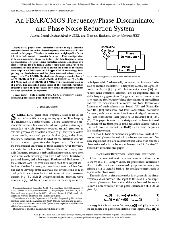 (PDF) An FBAR/CMOS Frequency/Phase Discriminator and Phase Noise Reduction System