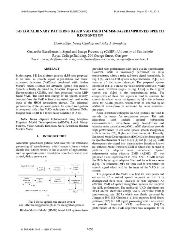 (PDF) 1-D Local Binary Patterns Based Vad Used In Hmm-Based Improved Speech Recognition