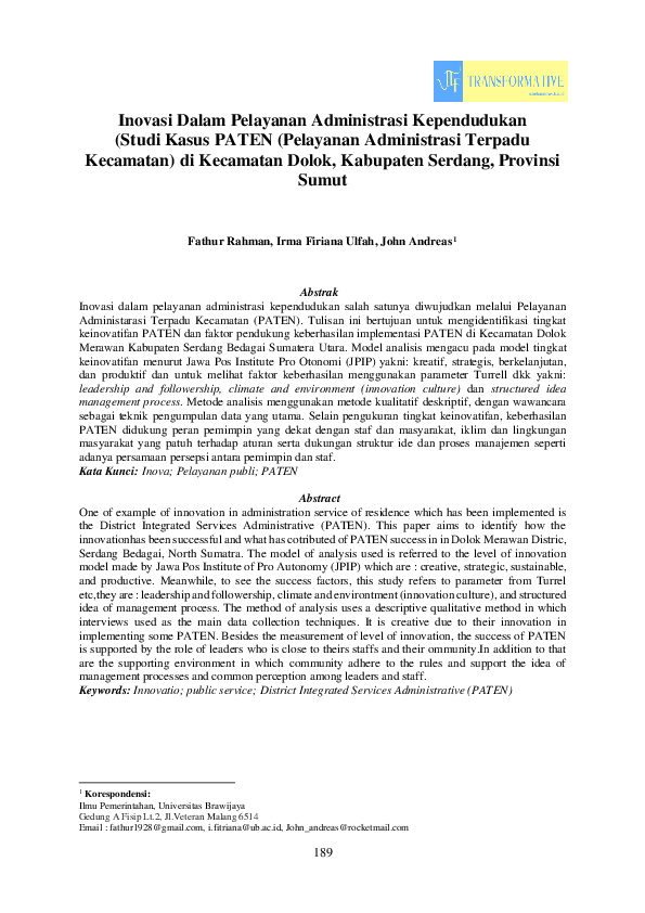 (PDF) Inovasi Dalam Pelayanan Administrasi Kependudukan (Studi Kasus PATEN (Pelayanan ...