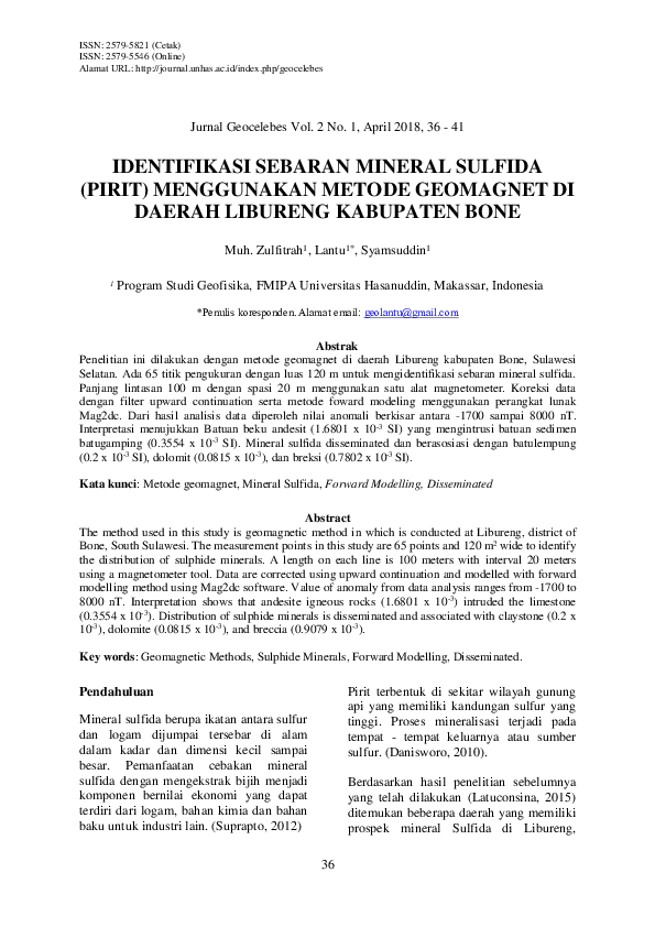 Pdf Identifikasi Sebaran Mineral Sulfida Pirit Menggunakan Metode