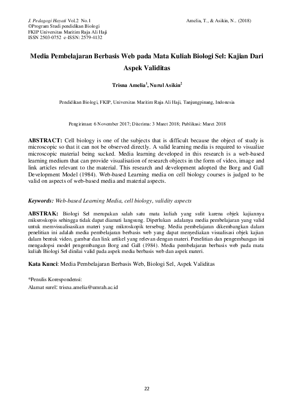 (PDF) Media Pembelajaran Berbasis Web Pada Mata Kuliah Biologi Sel: Kajian Dari Aspek Validitas ...