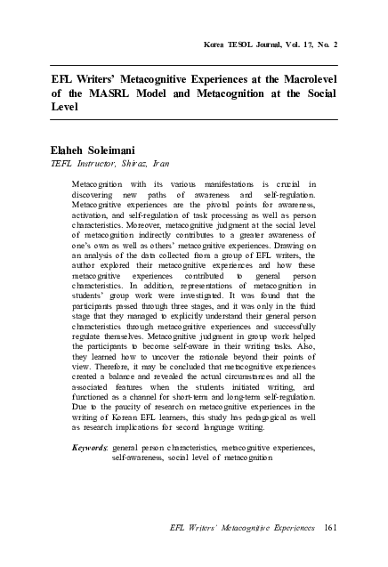 (PDF) EFL Writers' Metacognitive Experiences at the Macrolevel of the ...