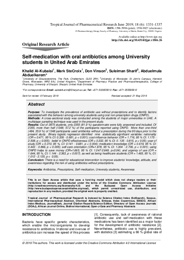 (PDF) Self-medication with oral antibiotics among University students ...