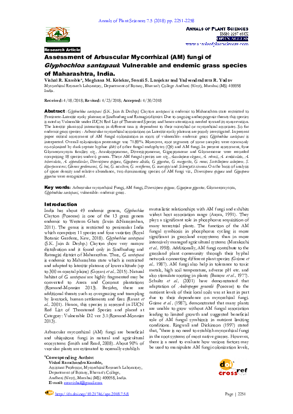 Assessment of Arbuscular Mycorrhizal (AM) fungi of Glyphochloa santapaui: Vulnerable and endemic ...
