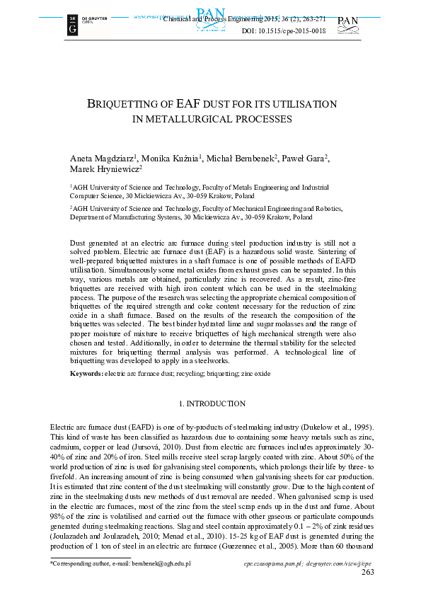(PDF) Briquetting of EAF Dust for its Utilisation in Metallurgical Processes