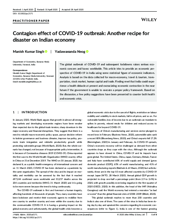 (PDF) Contagion effect ofCOVID‐19 outbreak: Another recipe for disaster on Indian economy