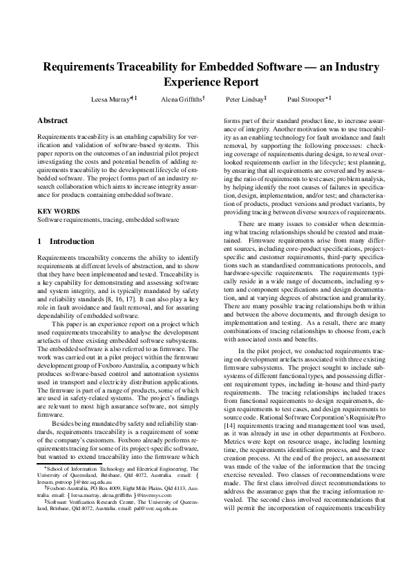 (PDF) Requirements Traceability for Embedded Software - an Industry Experience Report