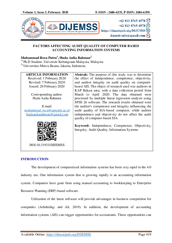 Pdf Factors Affecting Audit Quality Of Computer Based Accounting Information Systems
