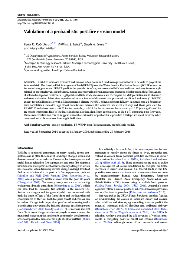 (PDF) Validation of a probabilistic post-fire erosion model