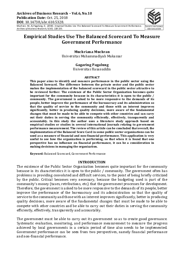 (PDF) Empirical Studies Use The Balanced Scorecard To Measure Government Performance