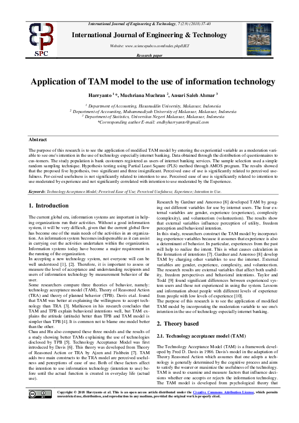 (PDF) Application of TAM model to the use of information technology