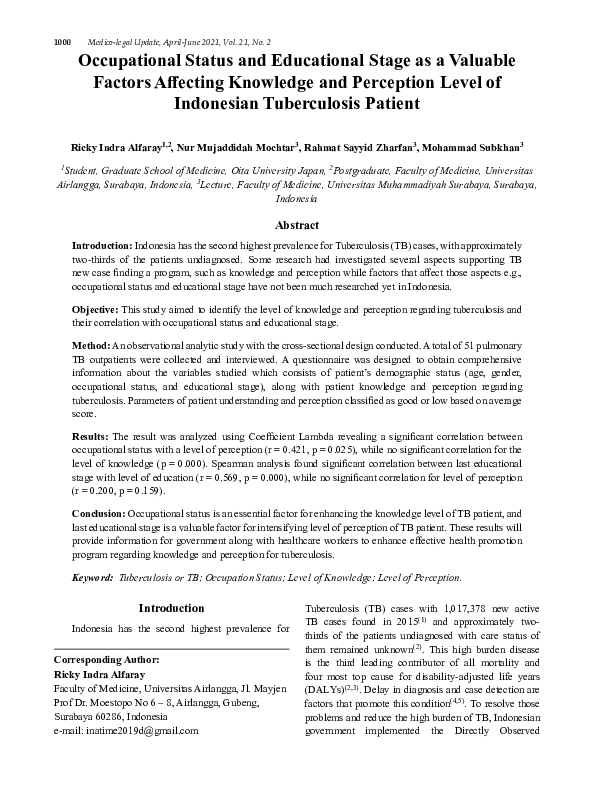 (PDF) Occupational Status and Educational Stage as a Valuable Factors Affecting Knowledge and ...