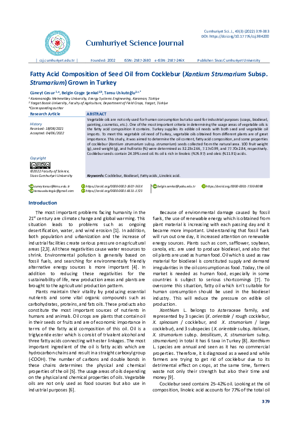 (PDF) Fatty Acid Composition of Seed Oil from Cocklebur (Xantium ...