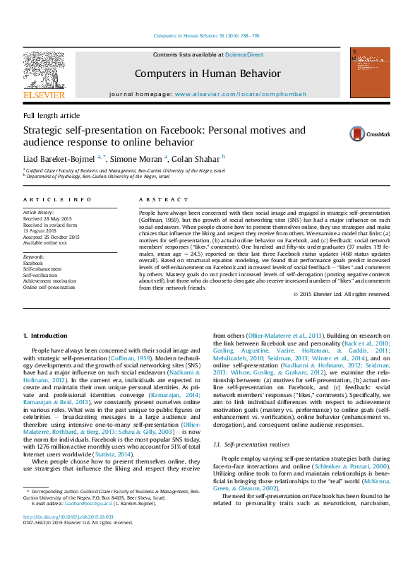 (PDF) Strategic self-presentation on Facebook: Personal motives and ...